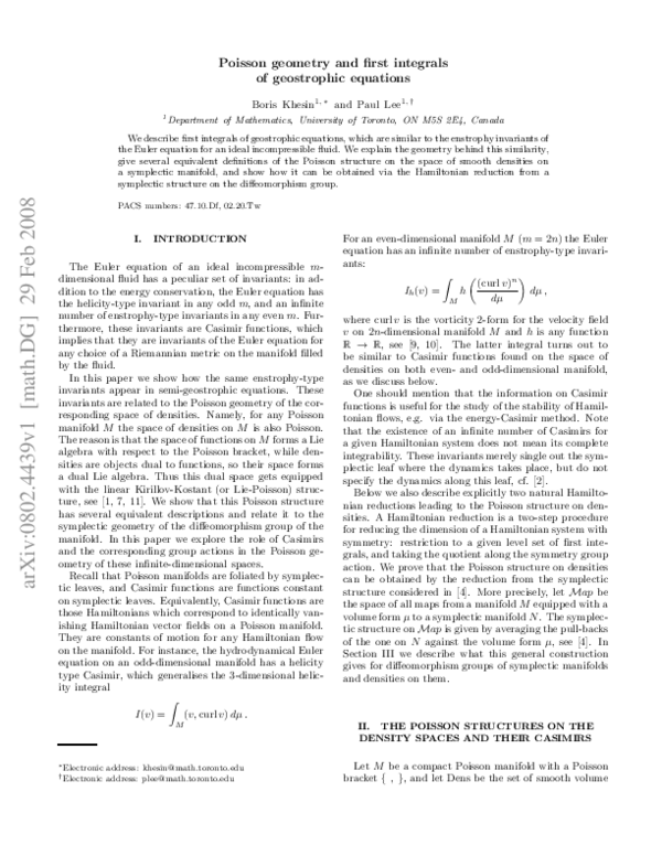 (PDF) Poisson geometry and first integrals of geostrophic equations