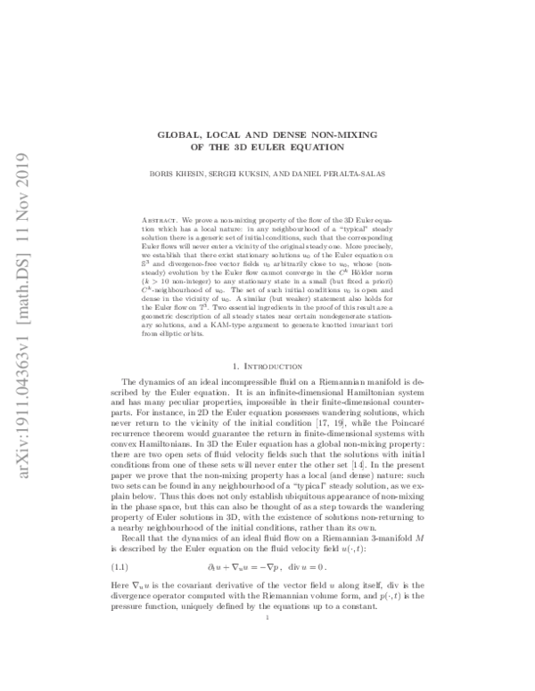 (PDF) Global, Local and Dense Non-mixing of the 3D Euler Equation