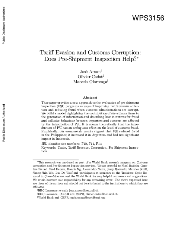 (PDF) Tariff Evasion and Customs Corruption: Does Pre-Shipment ...