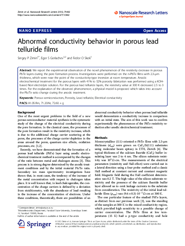 (PDF) Abnormal conductivity behavior in porous lead telluride films | Sergey Zimin - Academia.edu