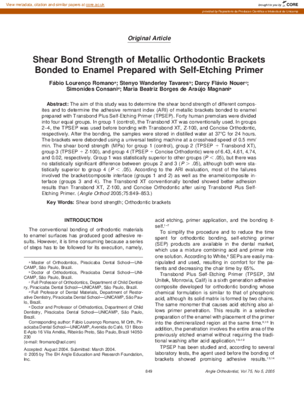 (PDF) Shear bond strength of metallic orthodontic brackets bonded to ...
