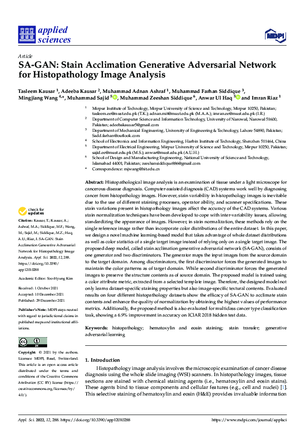 (PDF) SA-GAN: Stain Acclimation Generative Adversarial Network for Histopathology Image Analysis