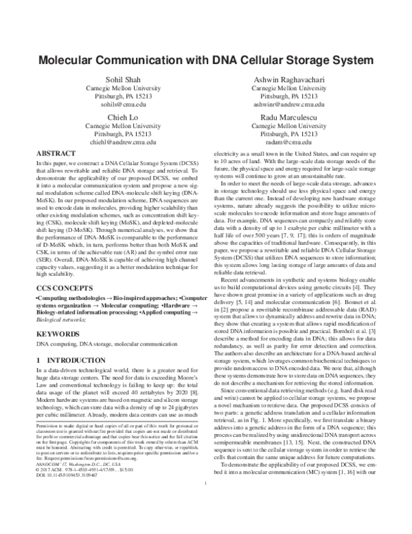 (PDF) Molecular communication with DNA cellular storage system | Radu ...
