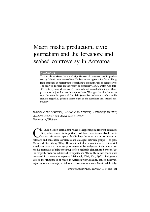 (PDF) Maori media production, civic journalism and the foreshore and ...