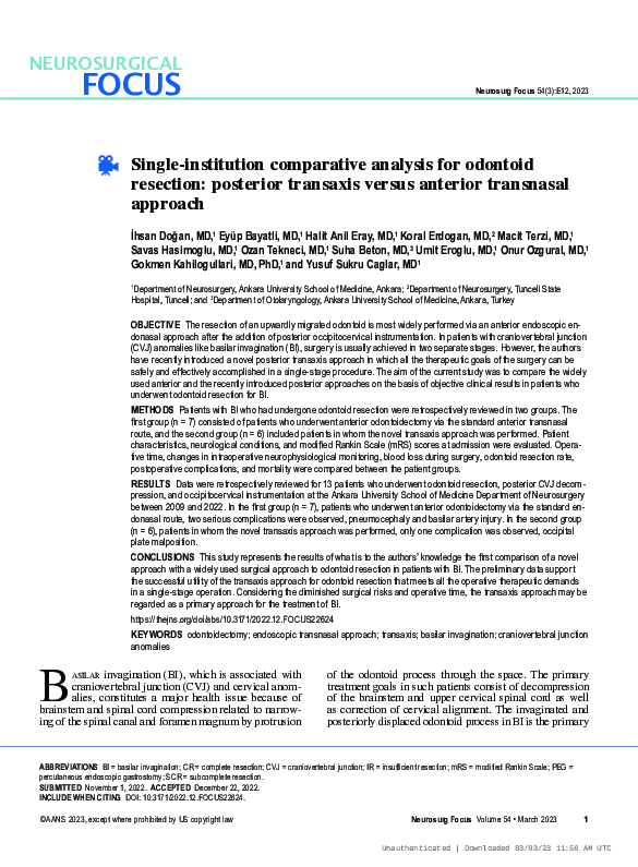 (PDF) Single-institution comparative analysis for odontoid resection ...