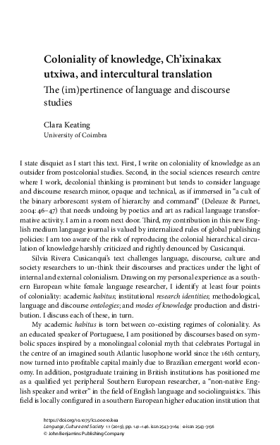 (PDF) Coloniality of knowledge, Ch’ixinakax utxiwa, and intercultural ...
