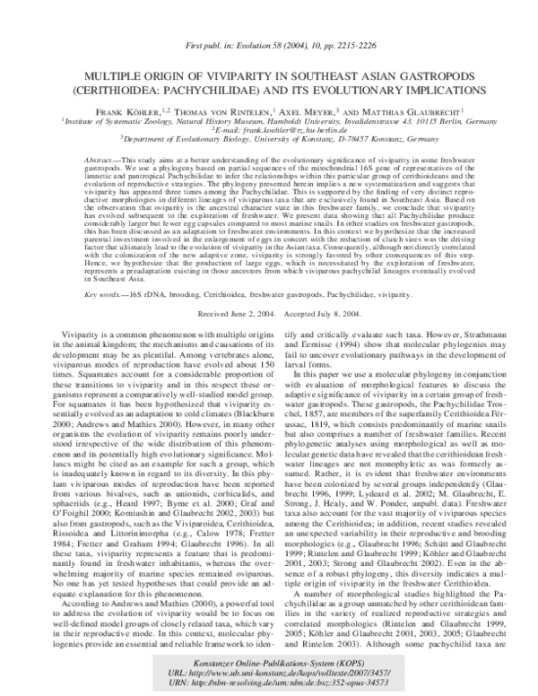 (PDF) Multiple Origin of Viviparity in Southeast Asian Gastropods ...