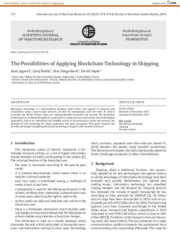 (PDF) The Possibilities of Applying Blockchain Technology in Shipping