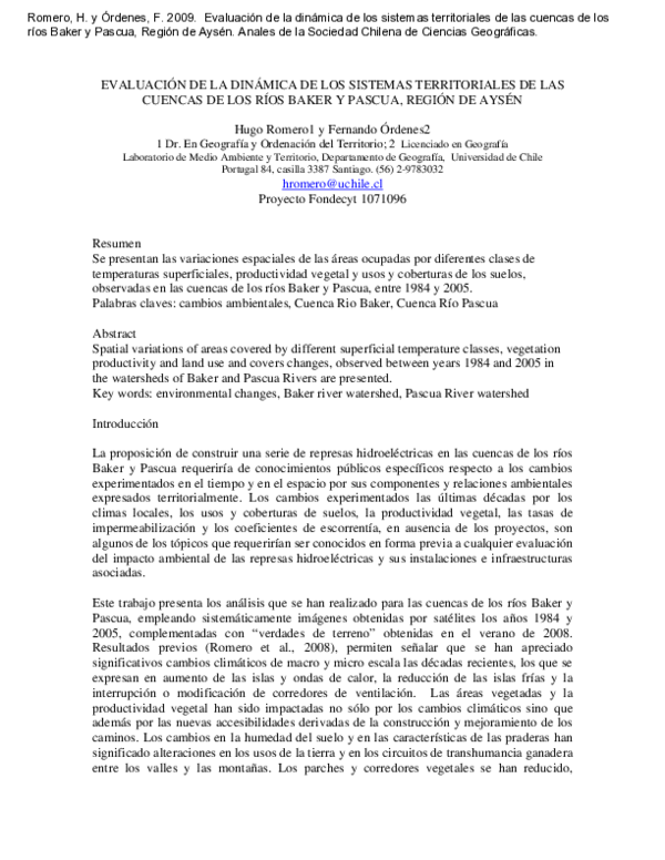 (PDF) Evaluación de la dinámica de los sistemas territoriales de las cuencas de los ríos Baker y ...