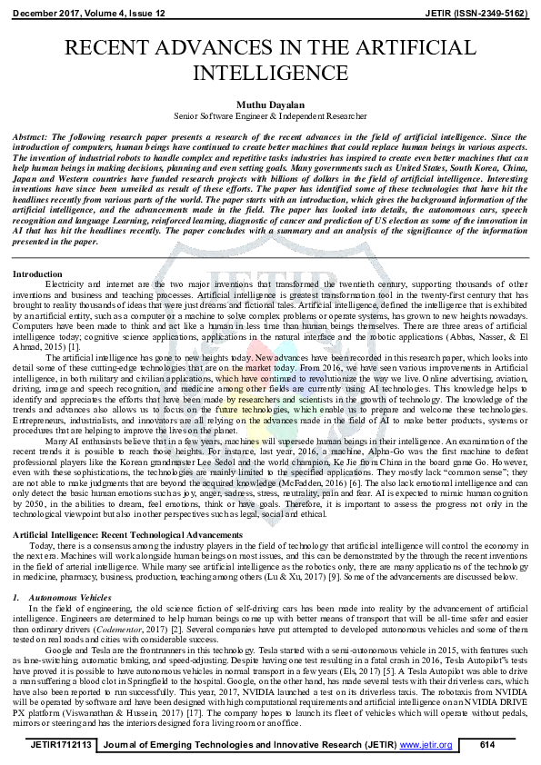 (PDF) RECENT ADVANCES IN THE ARTIFICIAL INTELLIGENCE