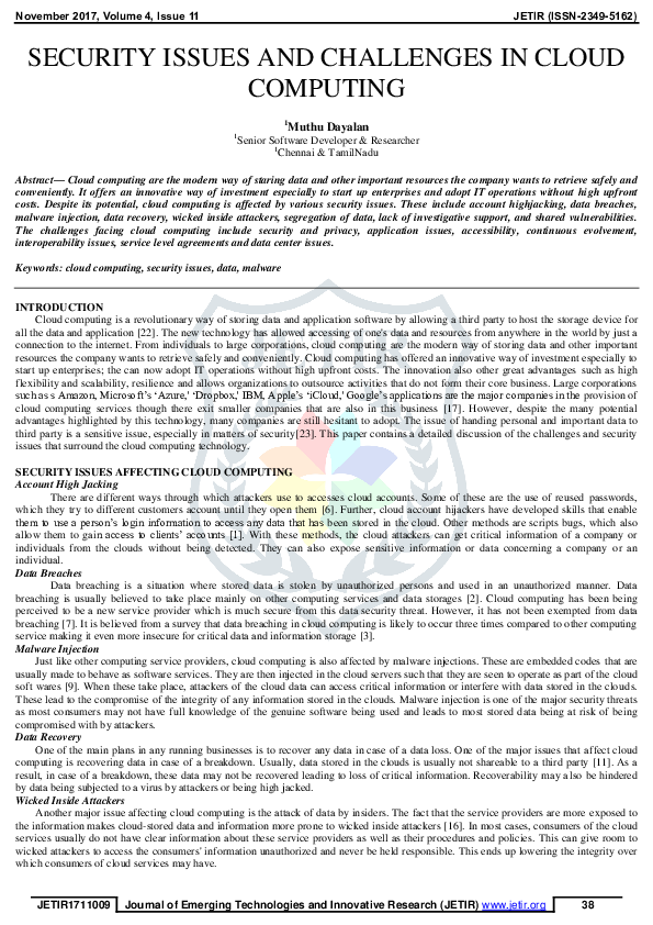 (PDF) SECURITY ISSUES AND CHALLENGES IN CLOUD COMPUTING