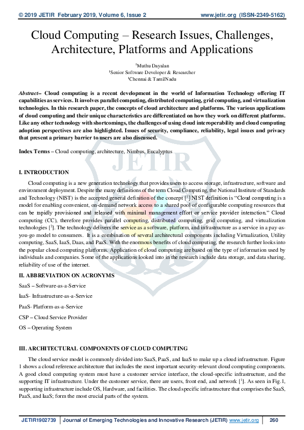 (PDF) Cloud Computing – Research Issues, Challenges, Architecture, Platforms and Applications