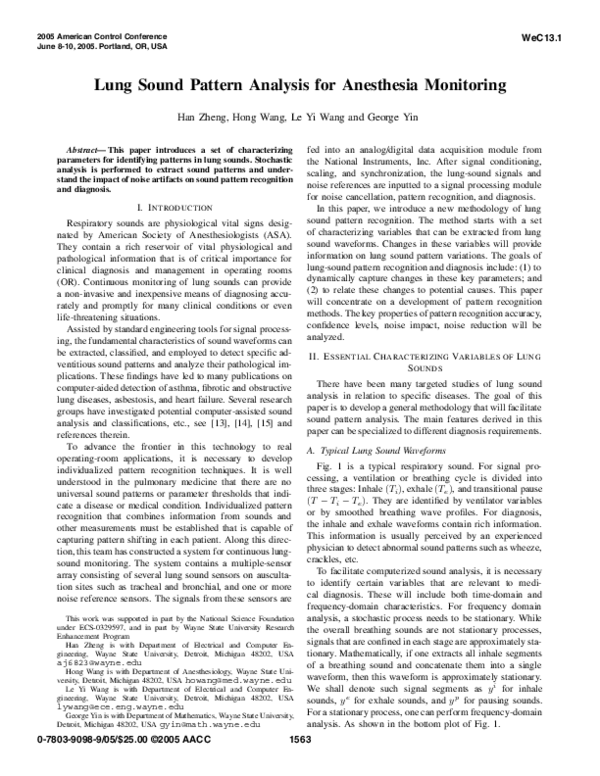 (PDF) Lung sound pattern analysis for anesthesia monitoring
