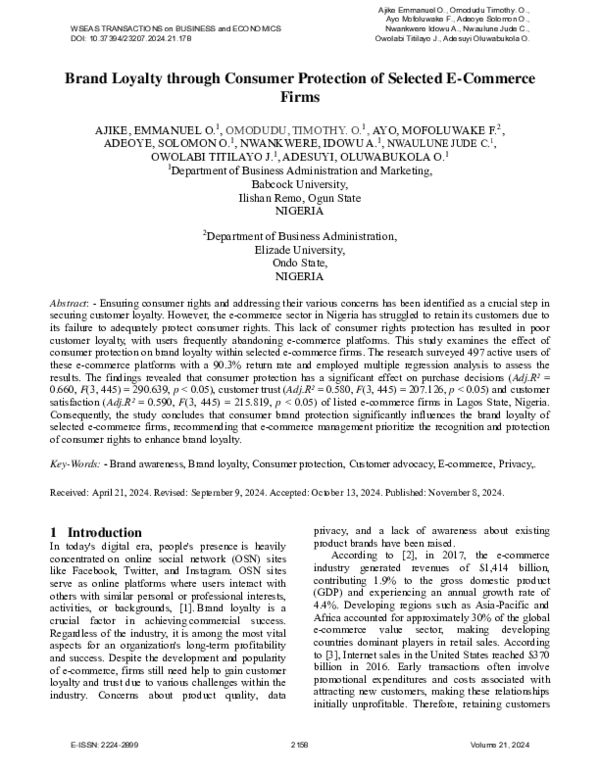 (PDF) BRAND LOYALTY THROUGH CONSUMER PROTECTION OF SELECTED E-COMMERCE FIRM