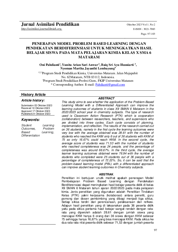 (PDF) Penerapan Model Problem Based Learning Dengan Pendekatan Berdiferensiasi Untuk ...