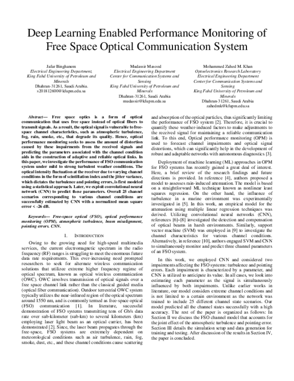 Pdf Deep Learning Enabled Performance Monitoring Of Free Space