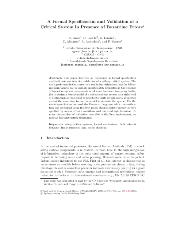 (PDF) A formal specification and validation of a critical system in presence of byzantine errors