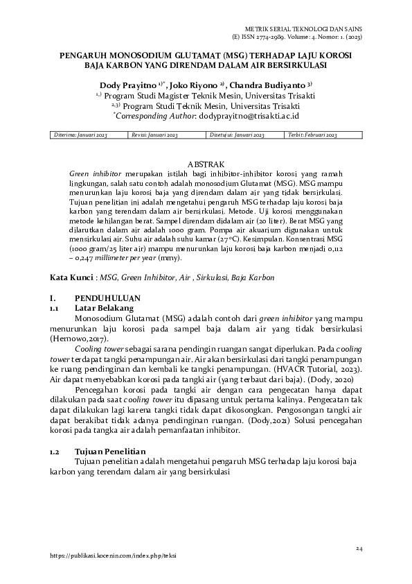 (PDF) Pengaruh Monosodium Glutamat (MSG) Terhadap Laju Korosi Baja Karbon yang Direndam Dalam ...