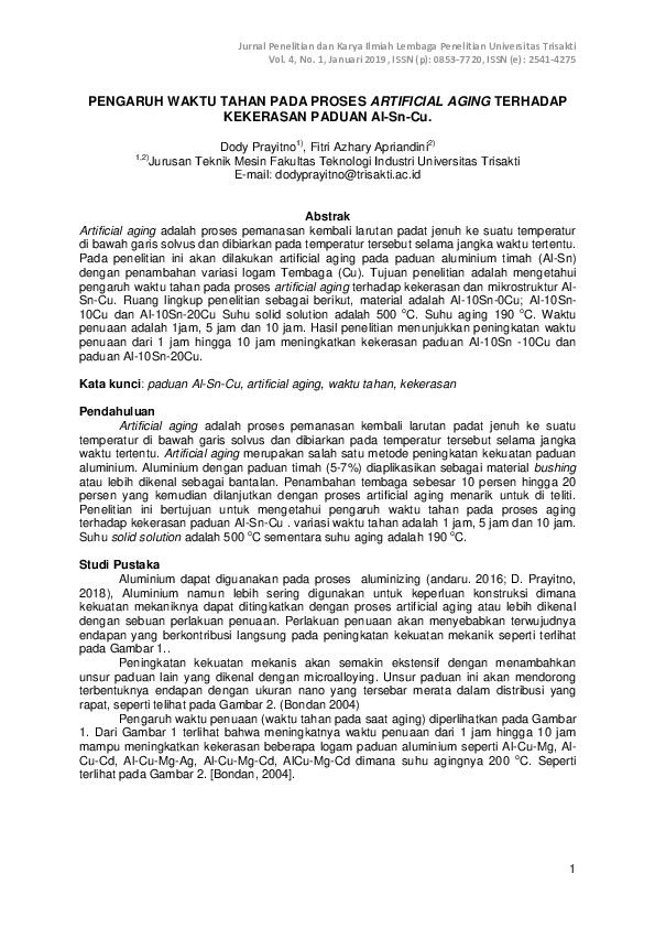 (PDF) PENGARUH WAKTU TAHAN PADA PROSES ARTIFICIAL AGING TERHADAP KEKERASAN PADUAN Al-Sn-Cu