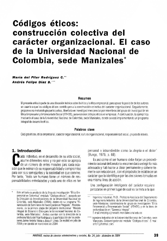 (PDF) Codigos eticos: construcclon colectiva del caracter organizacional, EI caso de la ...