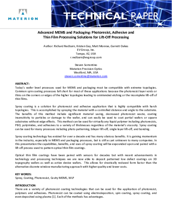 (PDF) Advanced MEMS and Packaging : Photoresist , Adhesive and Thin ...