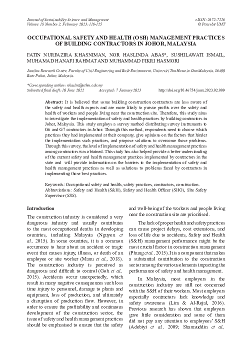 (PDF) Occupational Safety and Health (Osh) Management Practices of ...