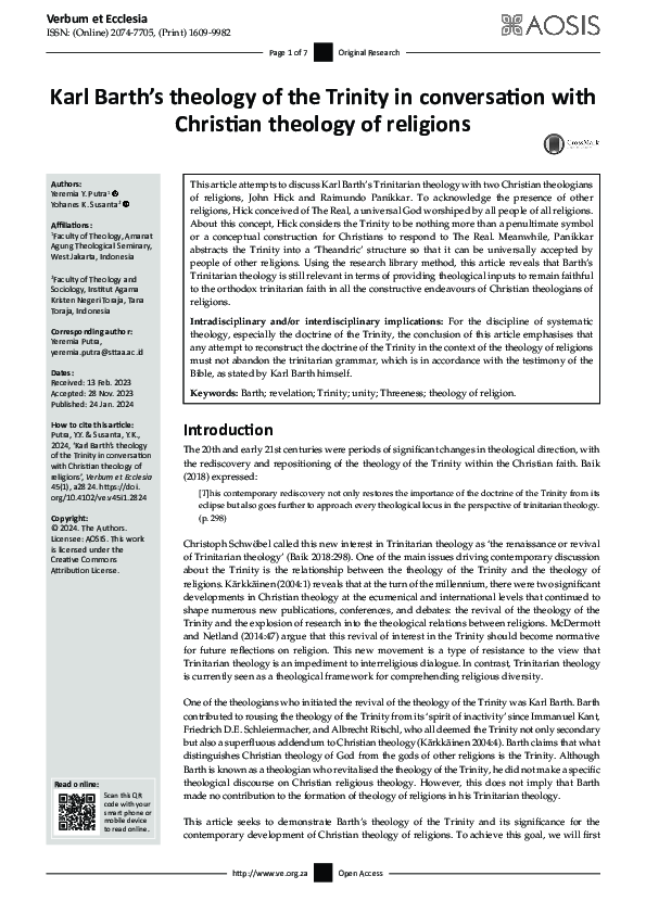 (PDF) Karl Barth’s theology of the Trinity in conversation with Christian theology of religions