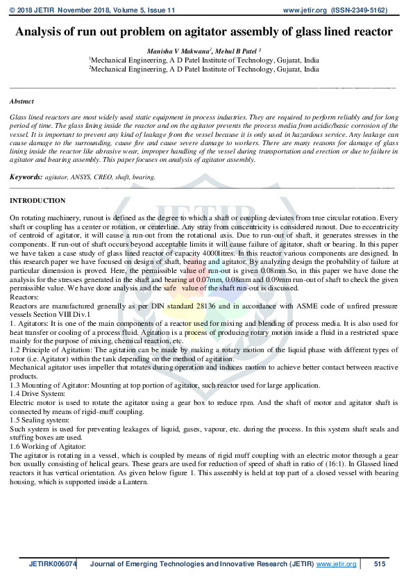 (PDF) Analysis of run out problem on agitator assembly of glass lined ...