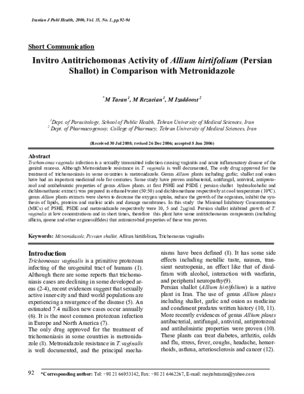 (PDF) Invitro Antitrichomonas Activity of Allium Hirtifolium (Persian ...