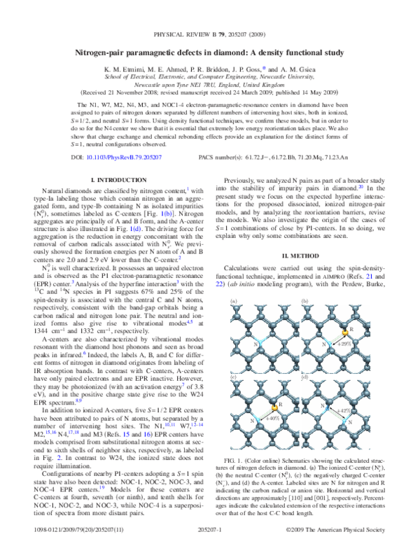 (PDF) Nitrogen-pair paramagnetic defects in diamond: A density ...