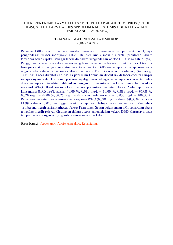 (PDF) Uji Kerentanan Larva Aedes SPP Terhadap Abate Temephos (Studi ...