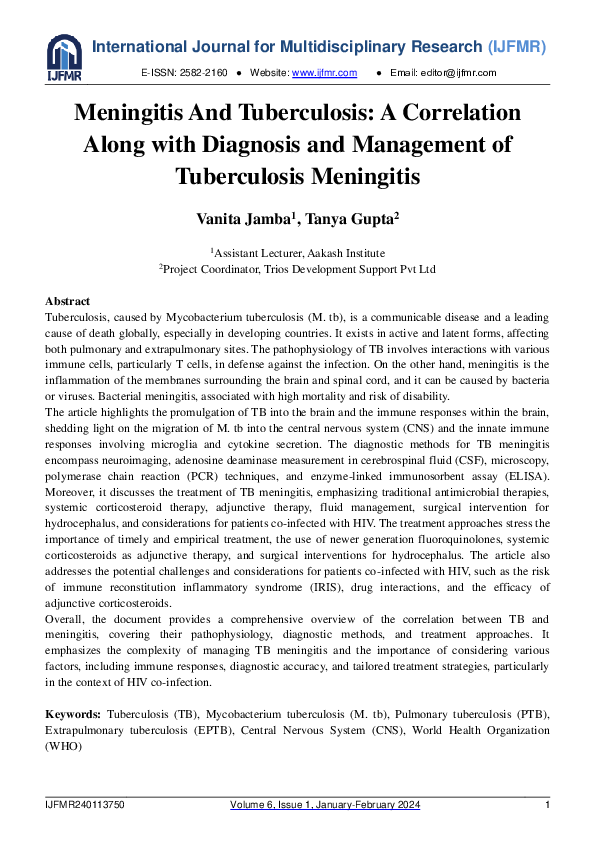 (PDF) Meningitis And Tuberculosis: A Correlation Along with Diagnosis ...