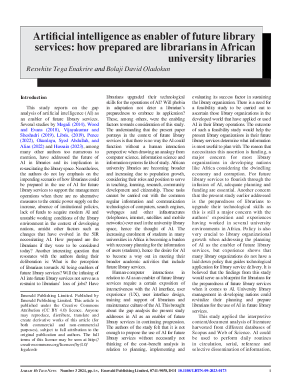 (PDF) Artificial intelligence as enabler of future library services: how prepared are librarians ...