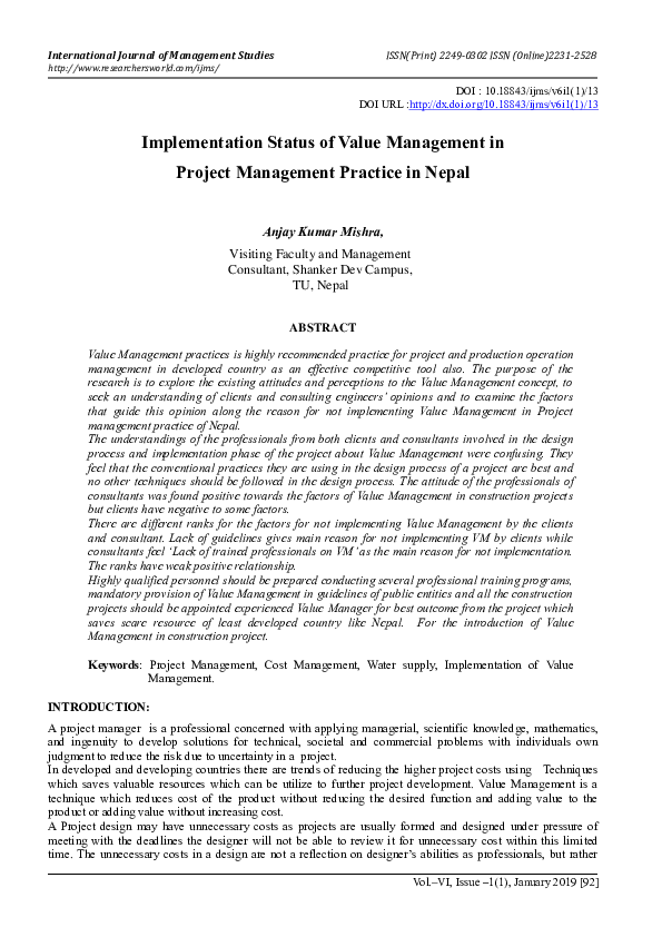 (PDF) Implementation Status of Value Management in Project Management ...