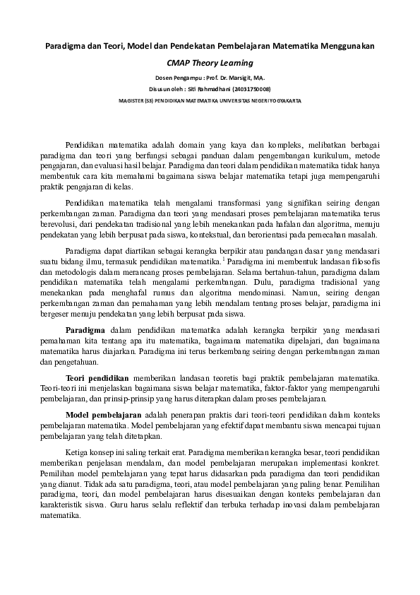 (PDF) Paradigma dan Teori, Model dan Pendekatan Pembelajaran Matematika Menggunakan CMAP Theory ...