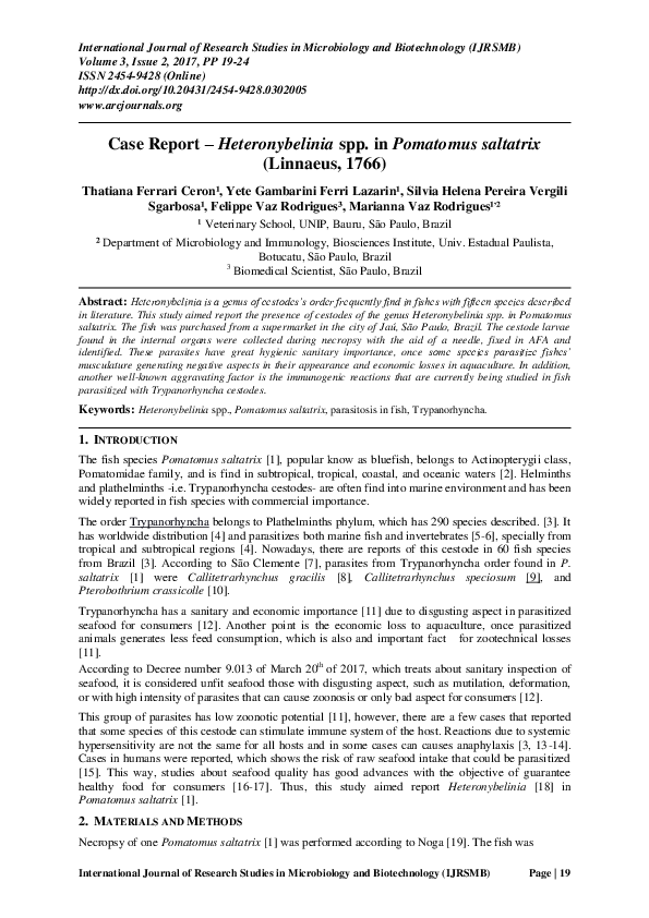(PDF) Case Report – Heteronybelinia spp. in Pomatomus saltatrix ...