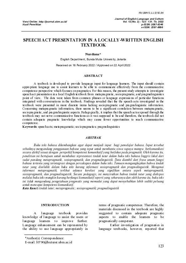 (PDF) Speech Act Presentation in a Locally-Written English Textbook