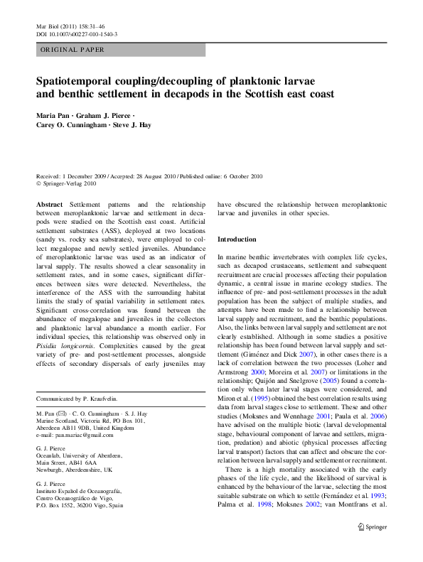 Pdf Spatiotemporal Coupling Decoupling Of Planktonic Larvae And