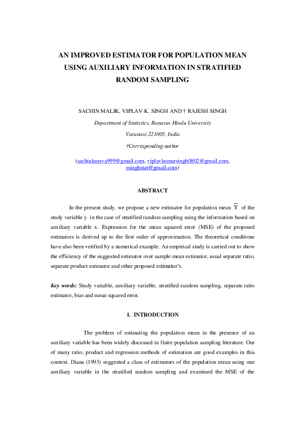 Pdf An Improved Estimator For Population Mean Using Auxiliary Information In Stratified Random