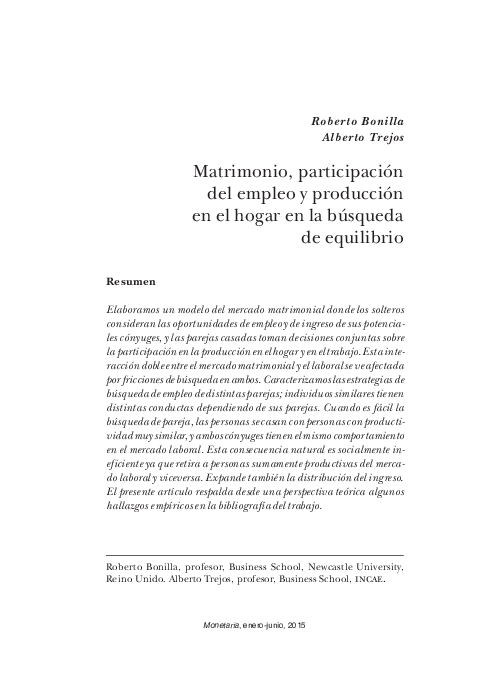 (PDF) Matrimonio, participación del empleo y producción en el hogar en la búsqueda de equilibrio