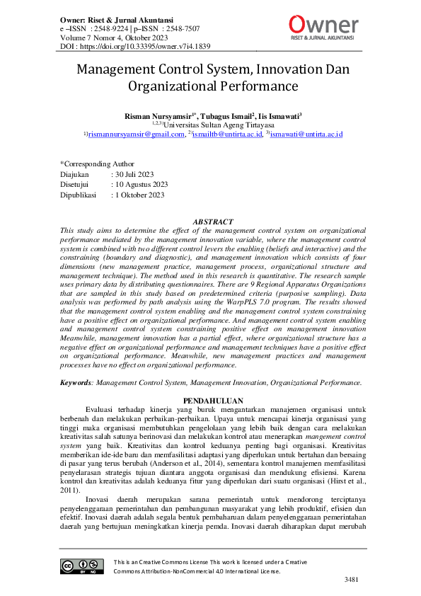 (PDF) Management Control System, Innovation Dan Organizational Performance