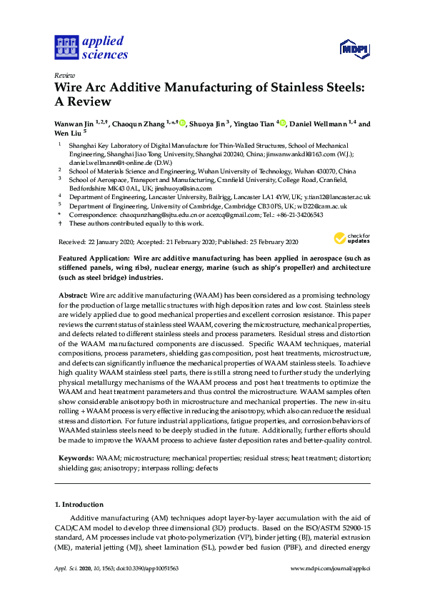 (PDF) Wire Arc Additive Manufacturing of Stainless Steels: A Review