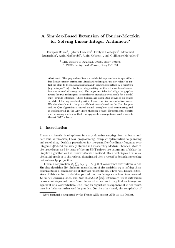 (PDF) A Simplex-Based Extension of Fourier-Motzkin for Solving Linear Integer Arithmetic