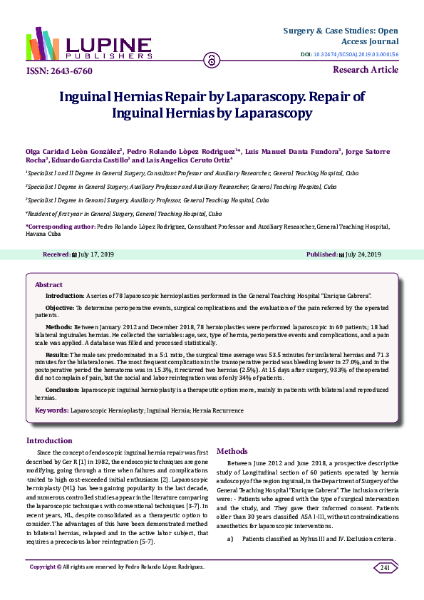 (PDF) Inguinal Hernias Repair by Laparascopy. Repair of Inguinal Hernias by Laparascopy