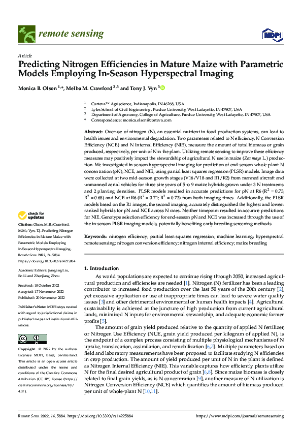 (PDF) Predicting Nitrogen Efficiencies in Mature Maize with Parametric Models Employing In ...