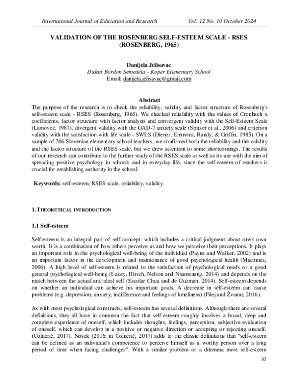 (PDF) VALIDATION OF THE ROSENBERG SELF-ESTEEM SCALE - RSES (ROSENBERG ...