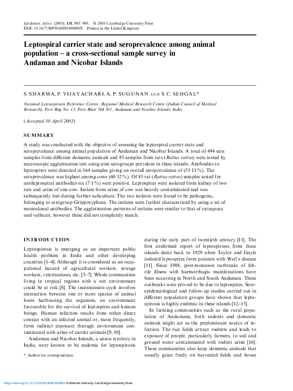 (PDF) Leptospiral carrier state and seroprevalence among animal ...