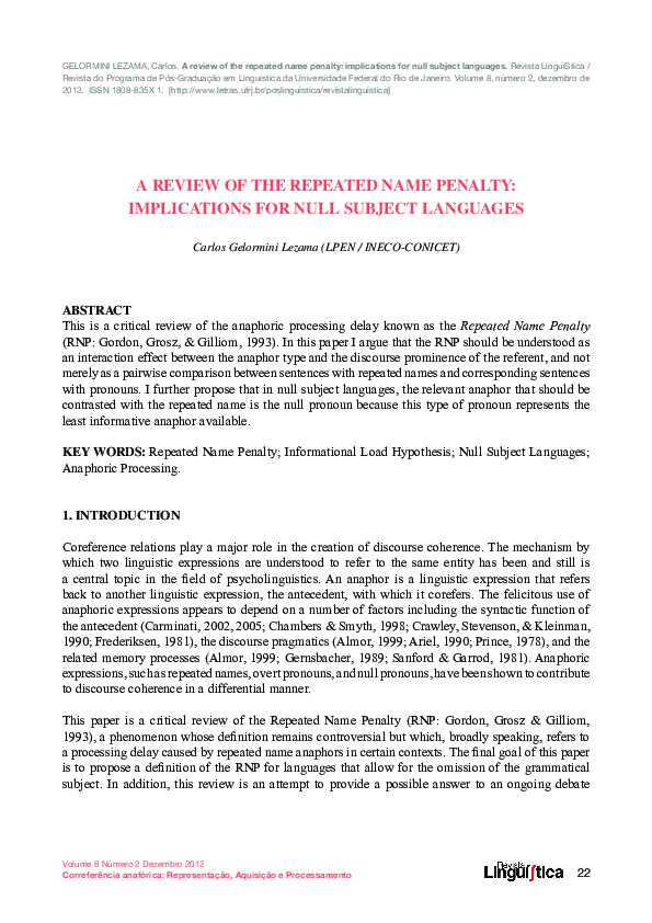 (PDF) A review of the repeated name penalty: implications for null subject languages