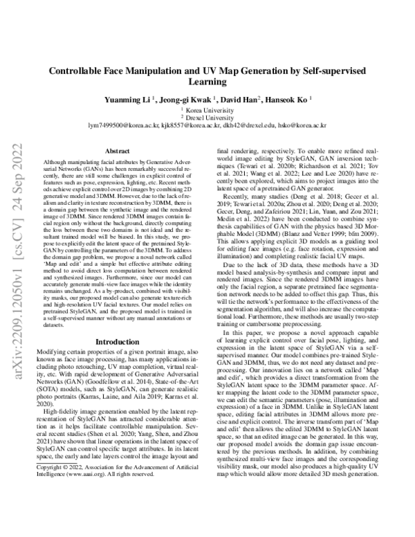 (PDF) Controllable Face Manipulation and UV Map Generation by Self-supervised Learning