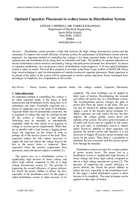 Pdf Optimal Capacitor Placement To Reduce Losses In Distribution System